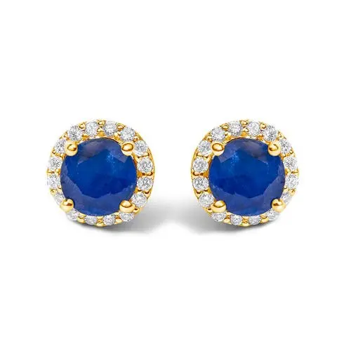 HAUS OF BRILLIANCE 10k Gold Gemstone And Diamond Halo Stud Earrings - Yellow | Blue Sapphire